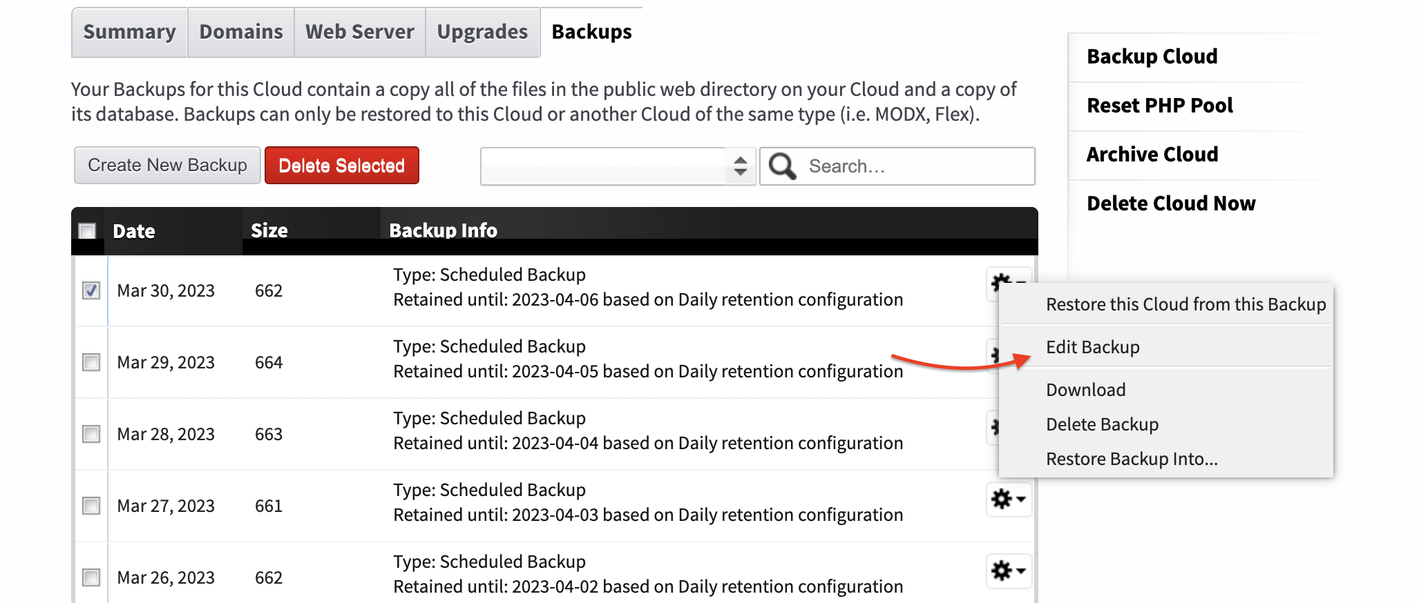 Edit & Delete Backups – MODX Cloud Support