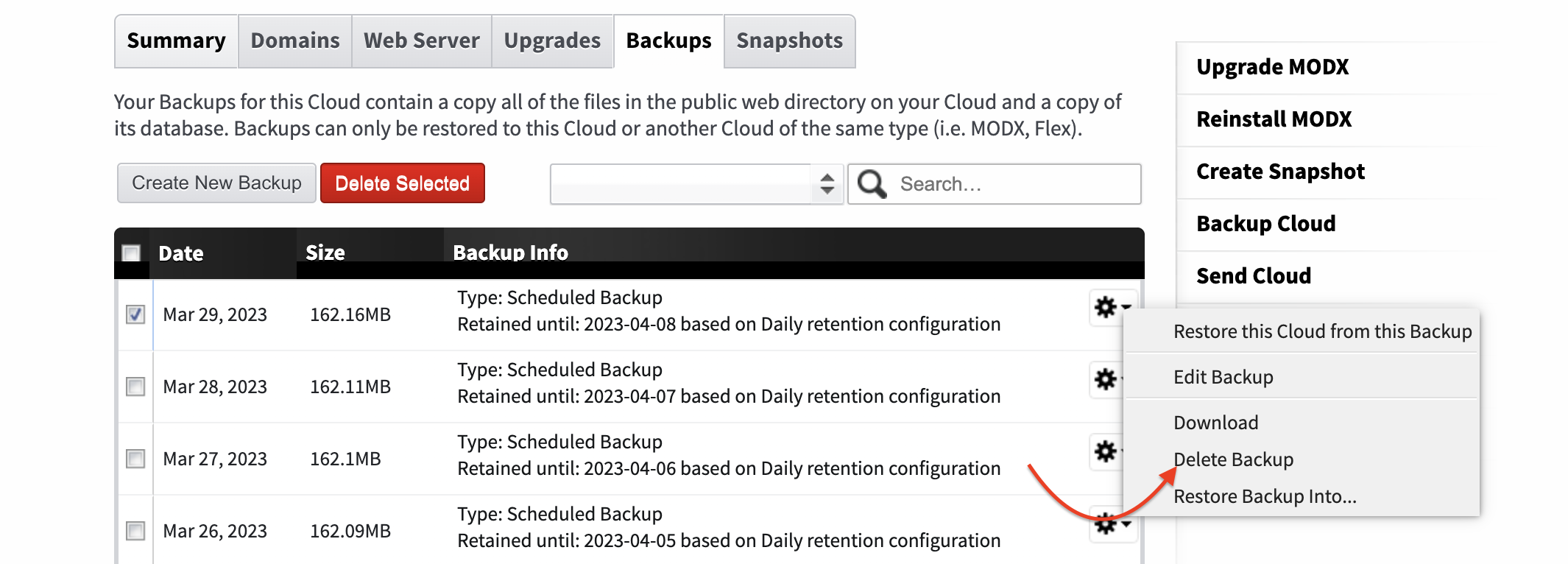 Edit & Delete Backups – MODX Cloud Support