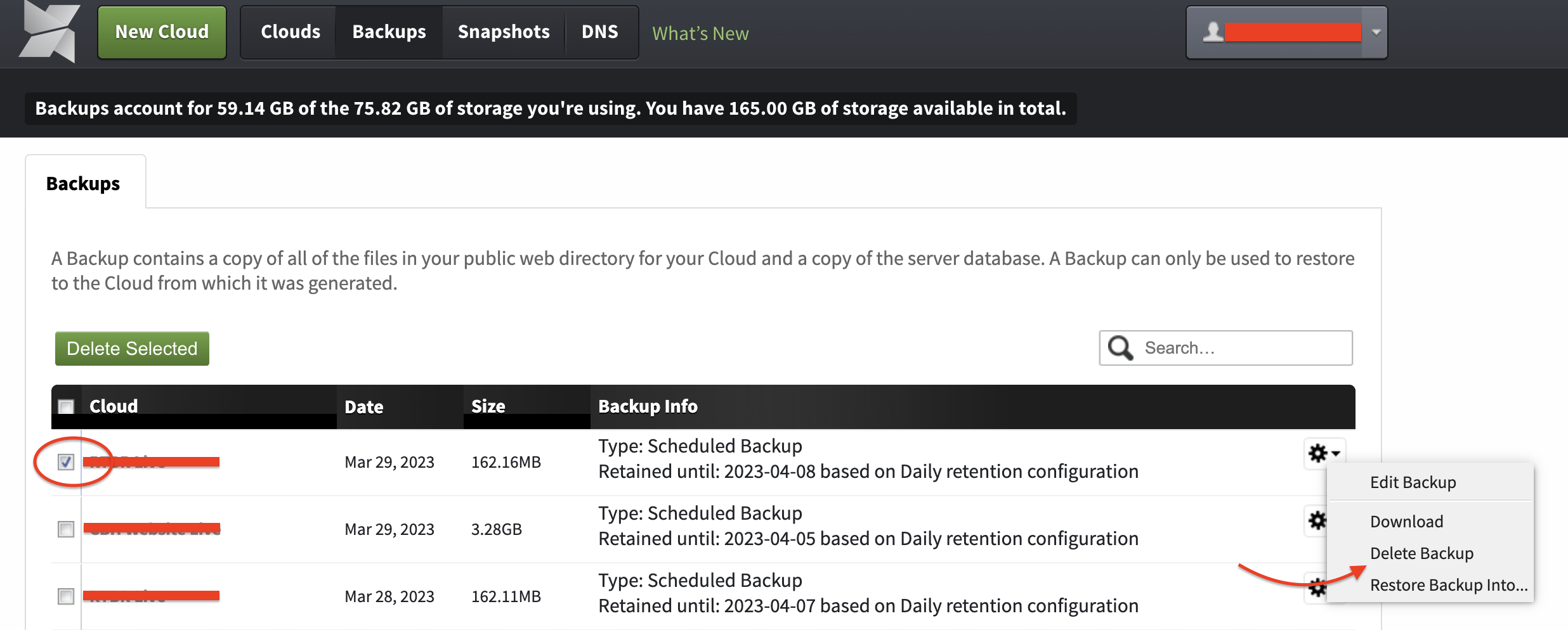 Edit & Delete Backups – MODX Cloud Support